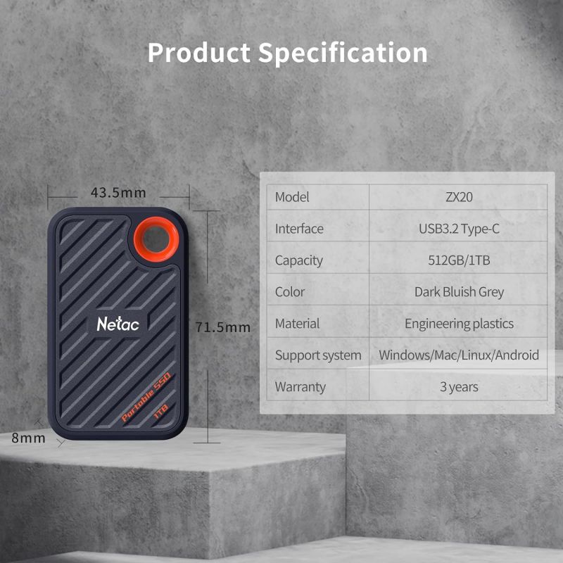 Disque dur SSD externe NETAC 1To ZX20 Type-C 3.2 au Maroc